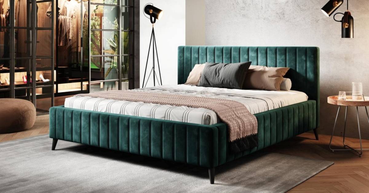 Pat tapitat cu somiera lemn MAGGIE (160x200cm) catifea cream, picioare ...